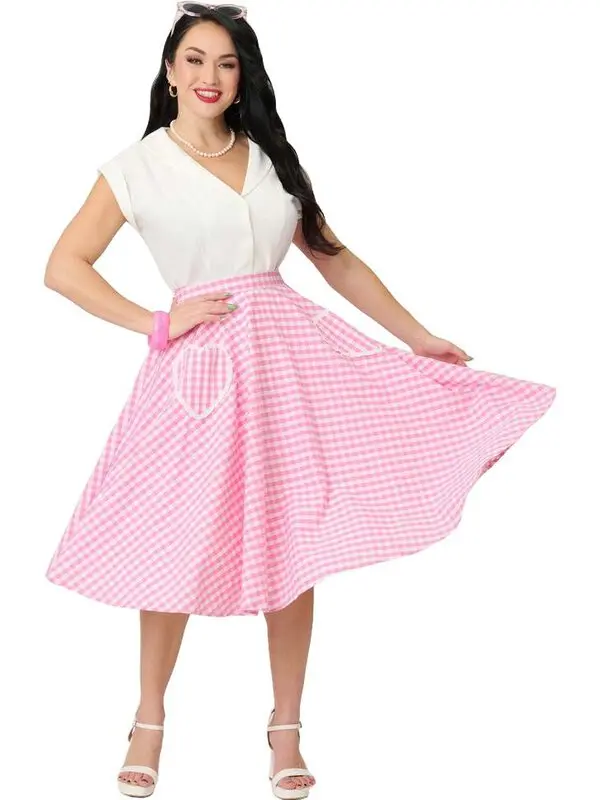 Unique Vintage Sally Swing Skirt - Pink Gingham Print
