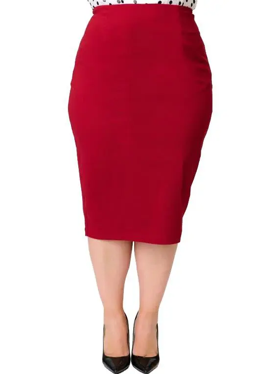 Unique Vintage Pencil Skirt With Pleated Kick Vent - Crimson