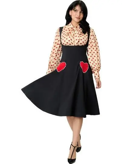 Unique Vintage Amma Swing Skirt - Black W/red Hearts