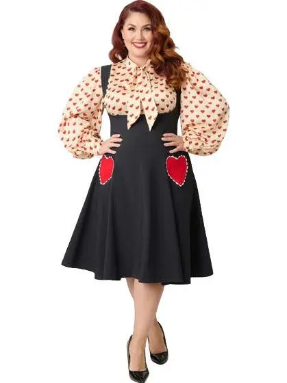 Unique Vintage Amma Suspender Skirt - Black W/red Hearts