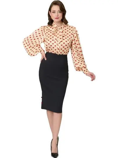 Unique Vintage Pencil Skirt With Back Pleat Detail - Black Solid
