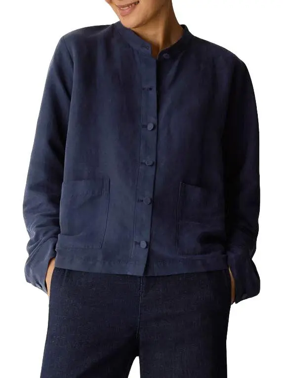 Eileen Fisher Mandarin Collar Linen & Silk Twill Jacket - Ink