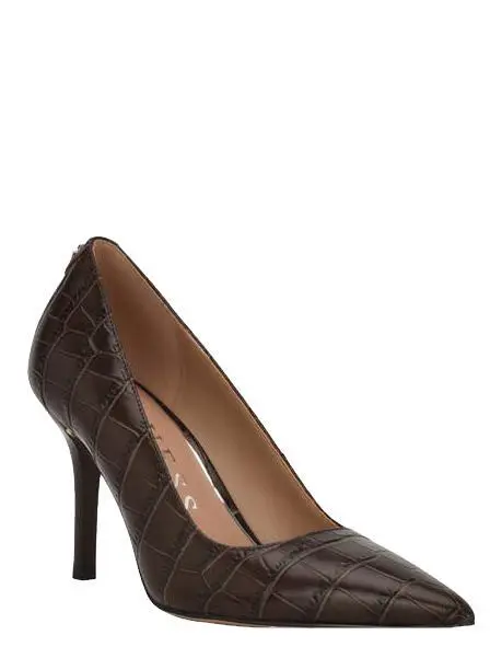 Guess Pointy-toe Pump With Croc Embossed Detail - Dark Brown