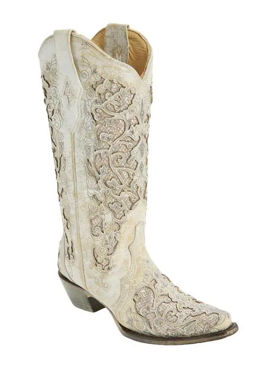 CORRAL Glitter Western Mid-calf Boots - White/bone