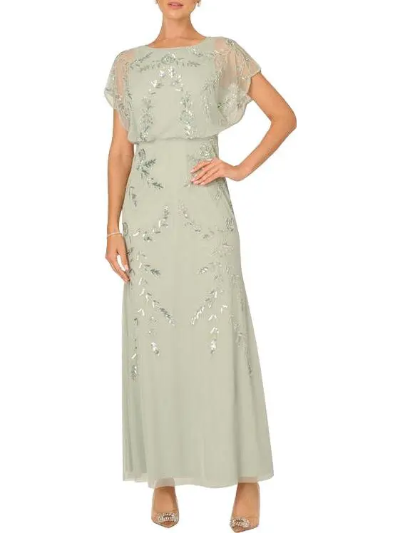 Adrianna Papell Sequin Blouson Flutter Sleeve Gown - Icy Sage