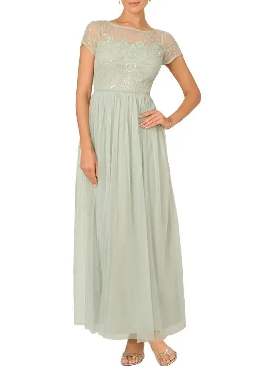 Adrianna Papell Beaded Mesh Chiffon Gown - Icy Sage