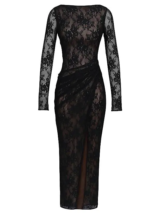 House Of Cb Sapphira Asymmetric Stretch-lace Maxi Dress - Black