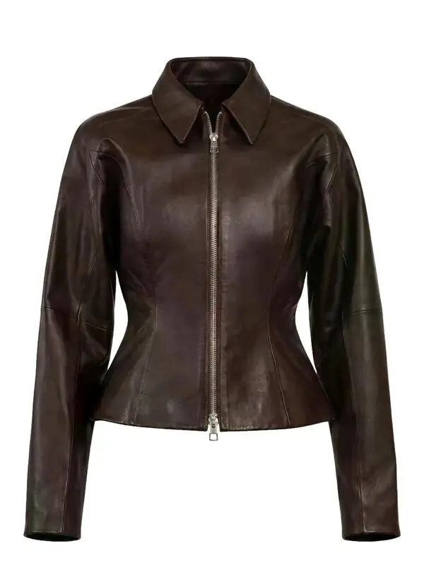 THE SEI Collared Leather Jacket - Brown