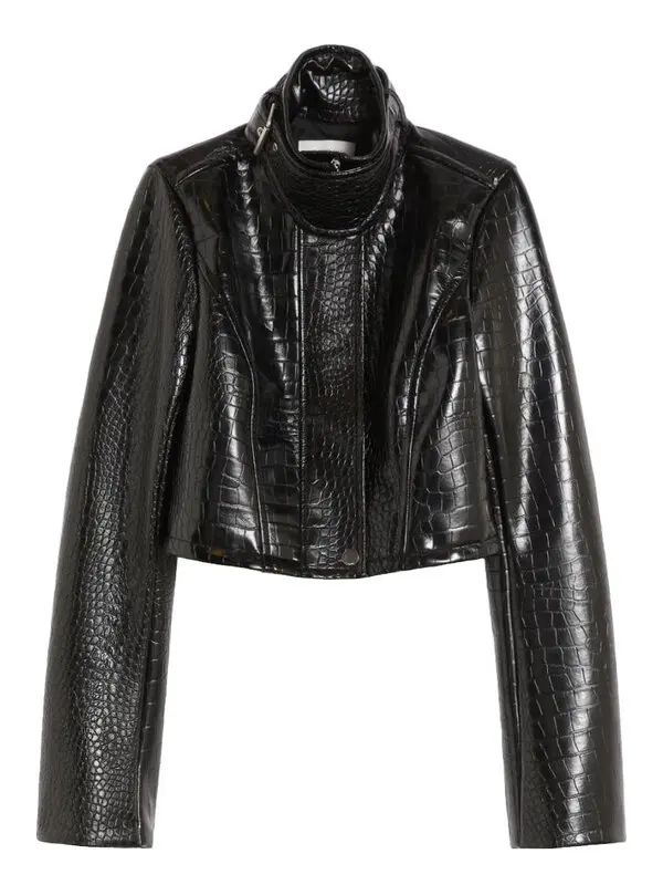 Max Mara Alligator Embossed Patent Leather Cropped Jacket - Black