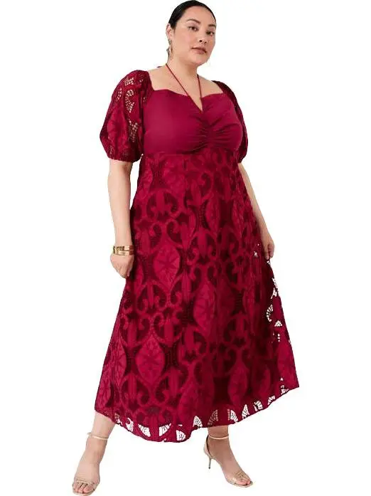 JUNE + VIE Eyelet Puff Sleeve Peasant Maxi Dress - Rumba Red