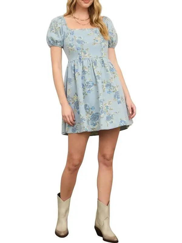 BLU PEPPER Floral Print Puff Sleeve Denim Minidress - Light Denim