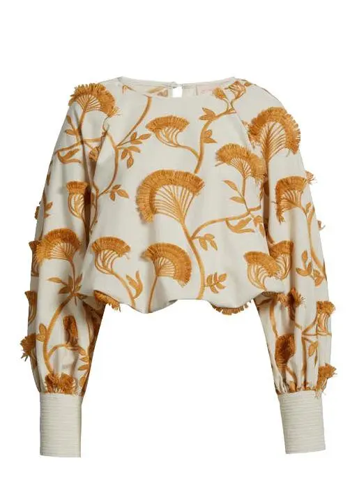 CIEBON Lenny Embroidered Long-sleeve Crop Top - White Multi
