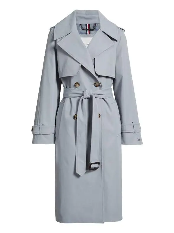 Tommy Hilfiger Longline Trench Coat With Double Gun Flap - Silver Smoke