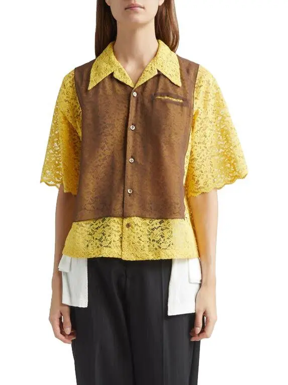 UNDERCOVERISM Mixed Media Lace & Chiffon Camp Shirt - Yellow