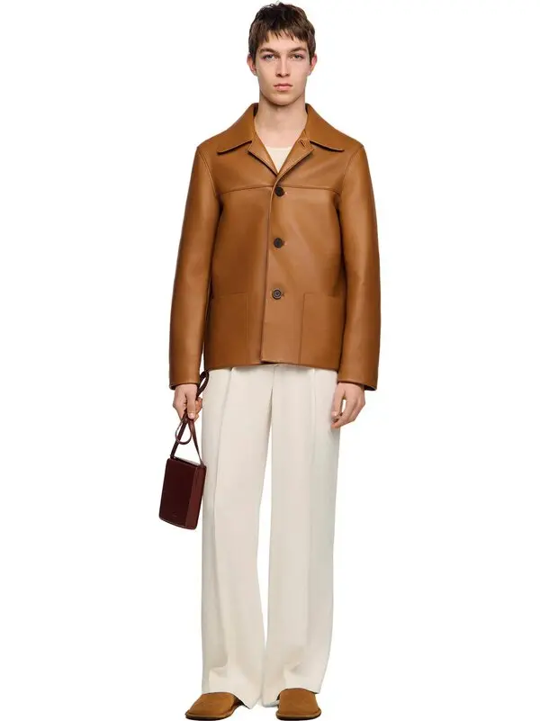 Sandro Buttoned Lambskin Leather Jacket - Camel