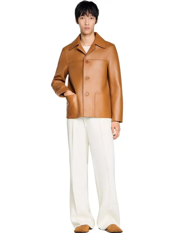Sandro Buttoned Lambskin Leather Jacket - Camel
