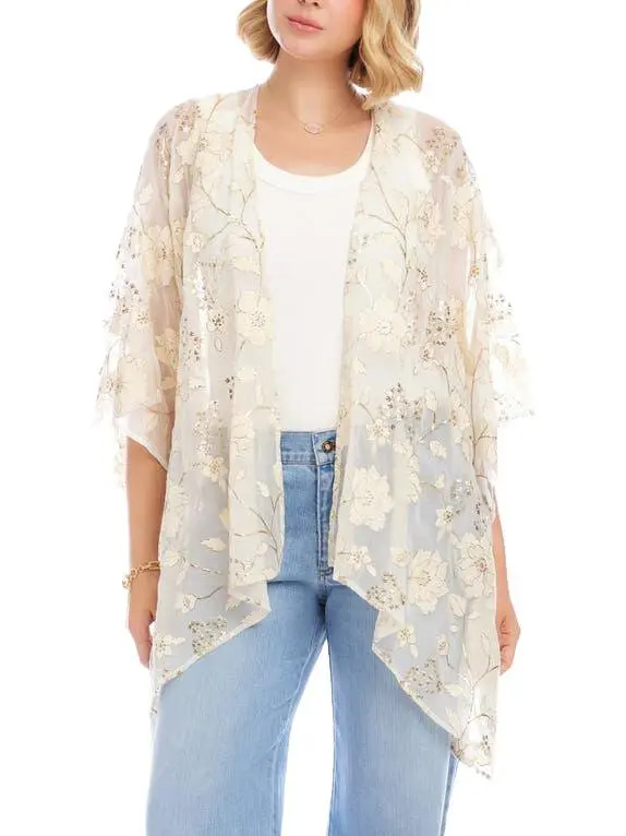 Karen Kane Embroidered Floral Open Front Jacket - Off White