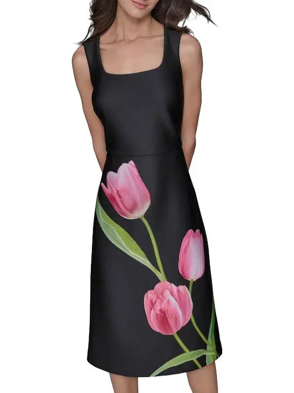 Karl Lagerfeld Floral Print Satin Midi Dress - Black Pink Sherbet Combo
