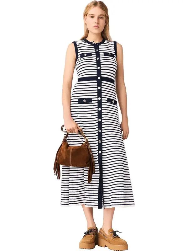 Maje Cotton Breton Stripe Knit Maxi Dress - Ecru/navy Blue