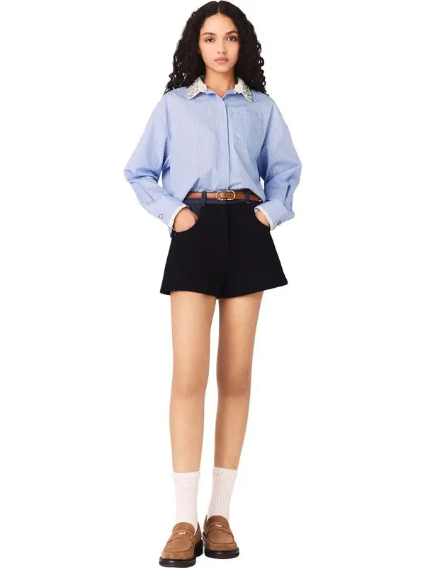 Maje Cotton Shirt With Removable Jewel Collar - Blue Sky