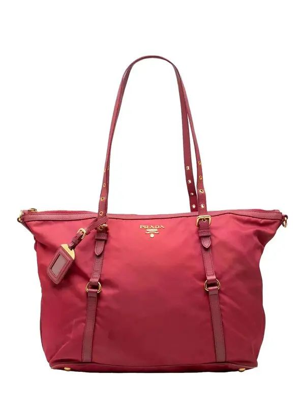 Prada Saffiano Trimmed Tessuto Zip Top Convertible Satchel - Red