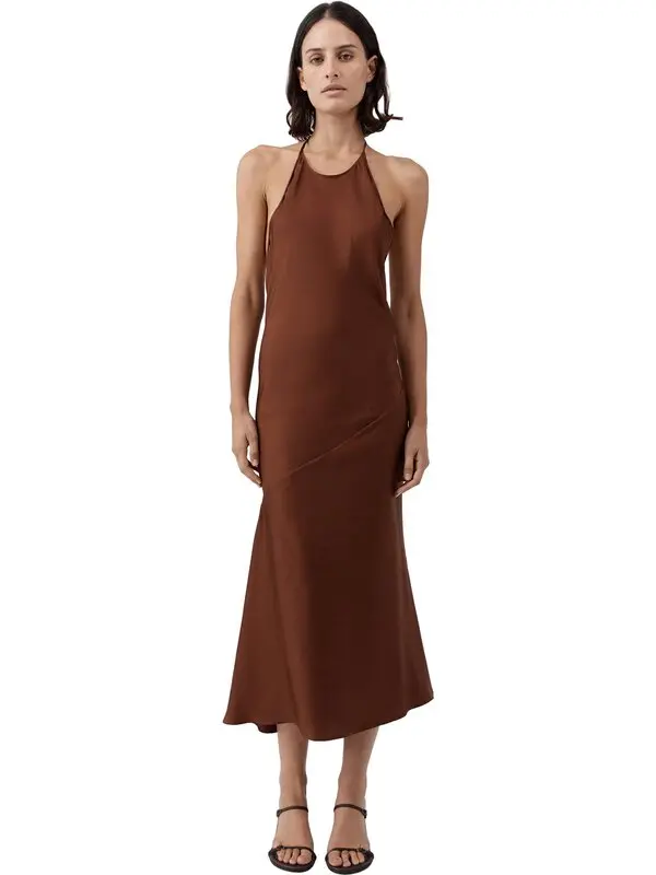 ST AGNI Silk Twill Halter Neck Midi Dress - Brick