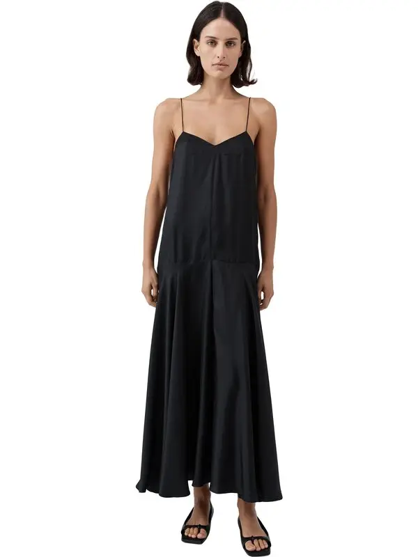 ST AGNI Silk Twill Relaxed Slip Dress - Black