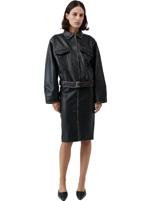ST AGNI Brushed Leather Belted Jacket - Black