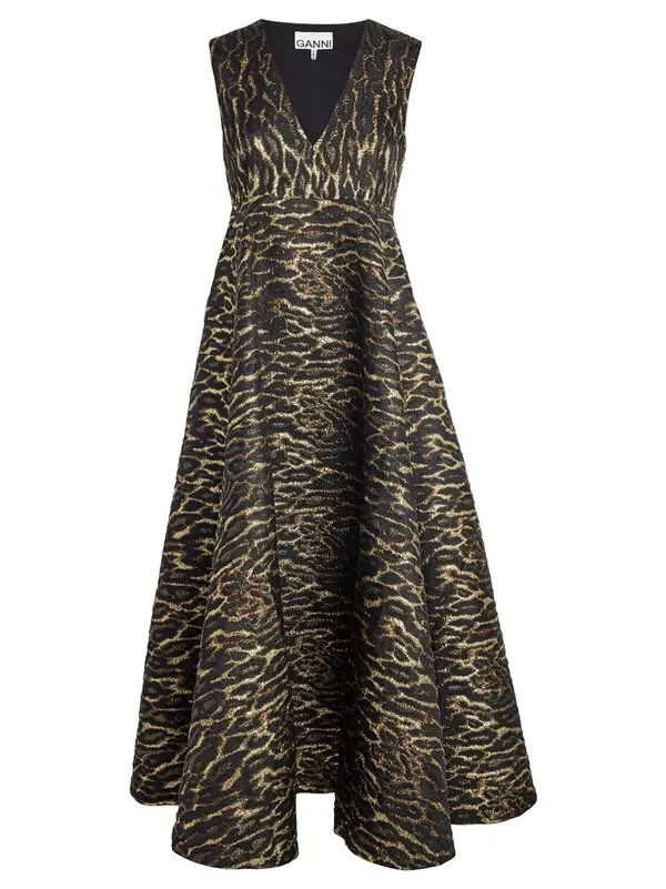 GANNI Metallic Leopard Jacquard Maxi Dress - Brown