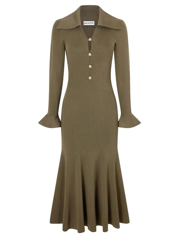 SELF-PORTRAIT Embellished Ribbed-knit Midi Dress - Green