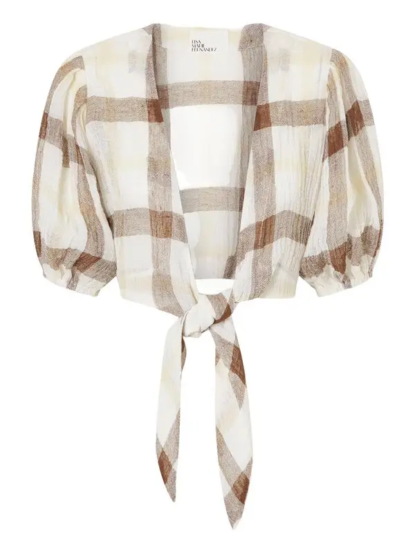 Lisa Marie Fernandez Pouf Cropped Checked Linen-blend Crepon Blouse - Multi
