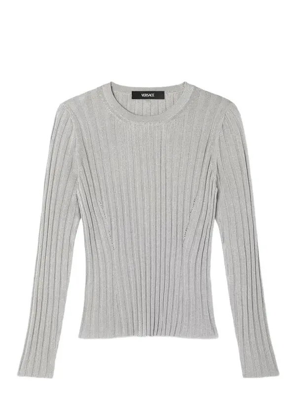 Versace Ribbed Crew-neck Long-sleeve Sweater With Medusa Stud - Grey