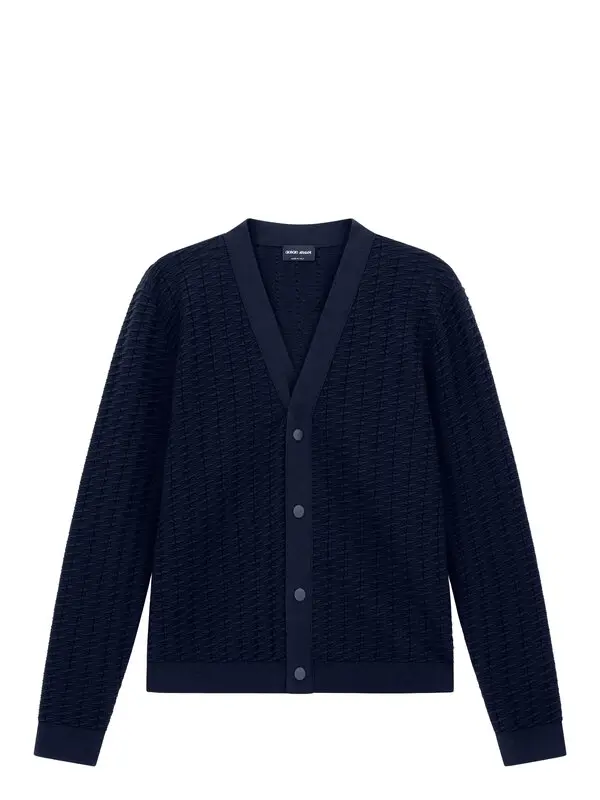 Giorgio Armani Virgin Wool Blend Tuck Stitch Cardigan - Navy_blue