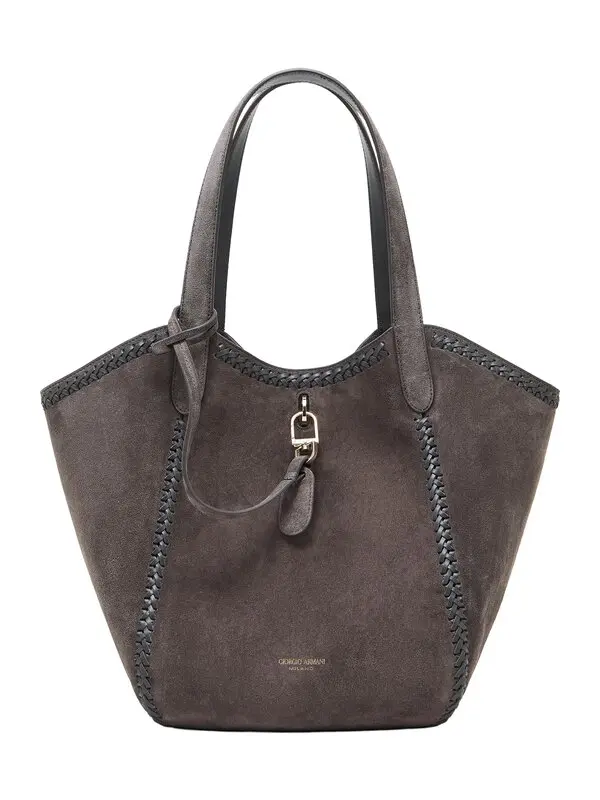 Giorgio Armani Suede Handbag With Woven Leather Detail - Grey