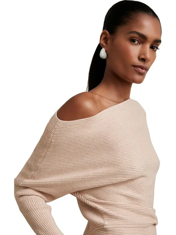 REISS Lorna Asymmetric Drape Knitted Top - Oatmeal Neutral