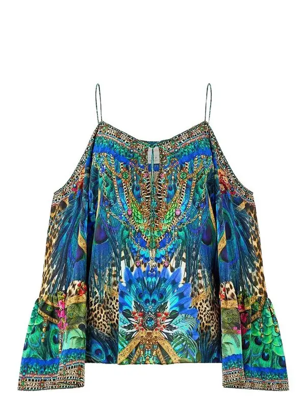 Camilla Printed Drop-shoulder Top - Blue