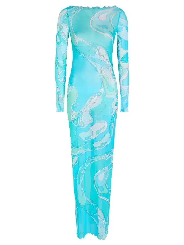 Emilio Pucci Printed Tulle Maxi Cover-up Dress - Turquoise