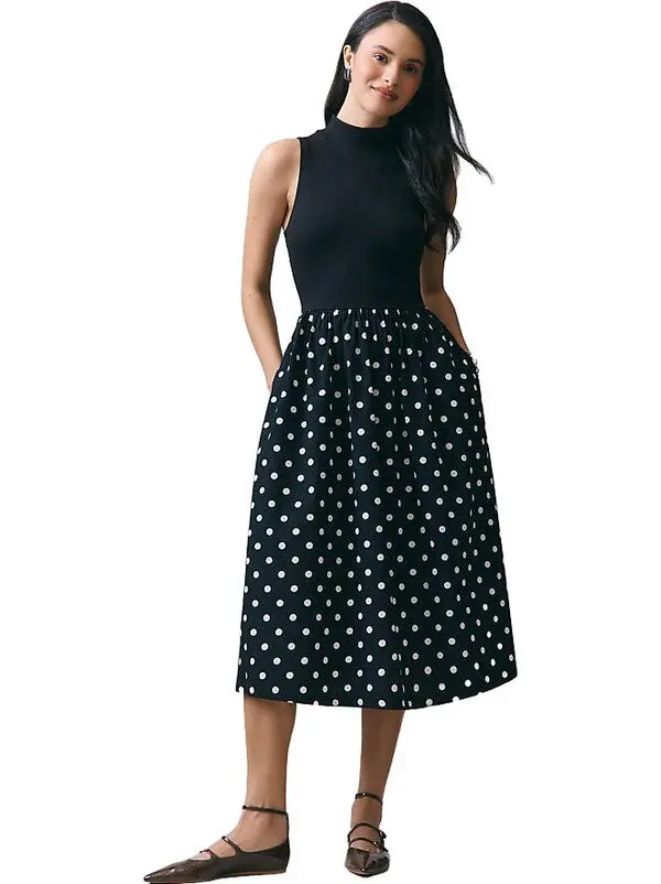 Anthropologie Sleeveless Twofer Midi Dress - Black Dot