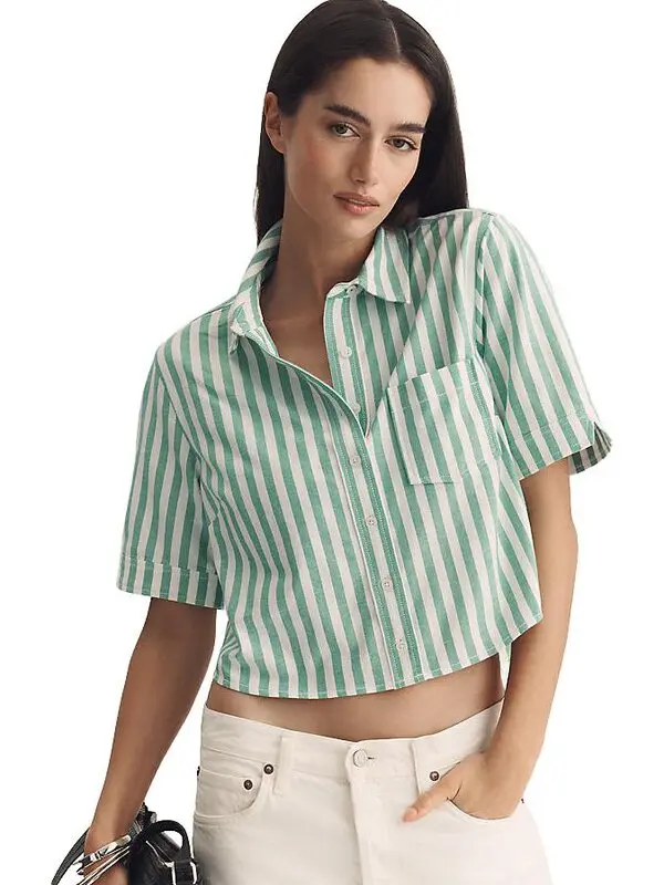 Maeve Merritt Short-sleeve Cropped Buttondown Shirt - Green Stripe