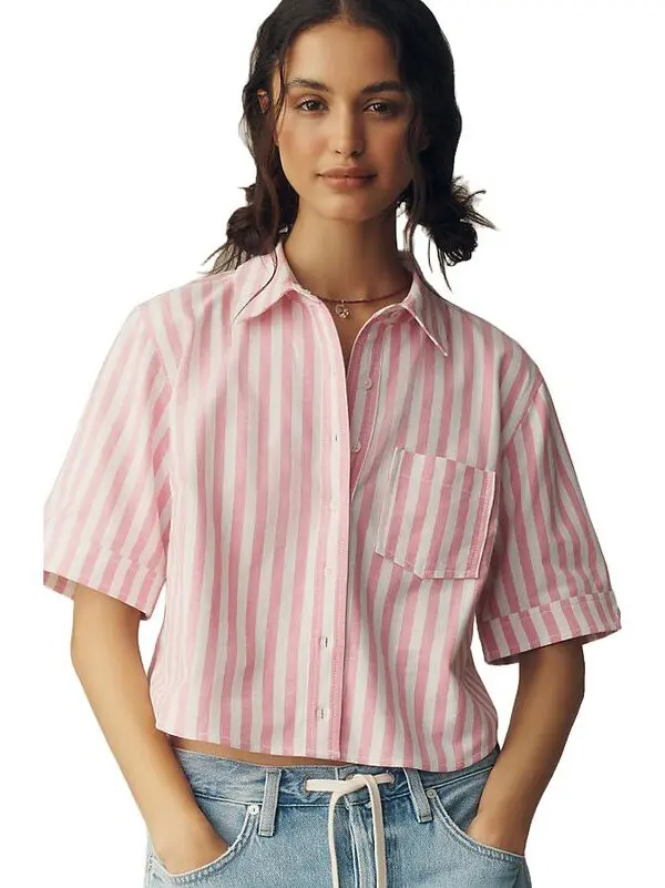 Maeve Cropped Buttondown Top - Pink Stripe