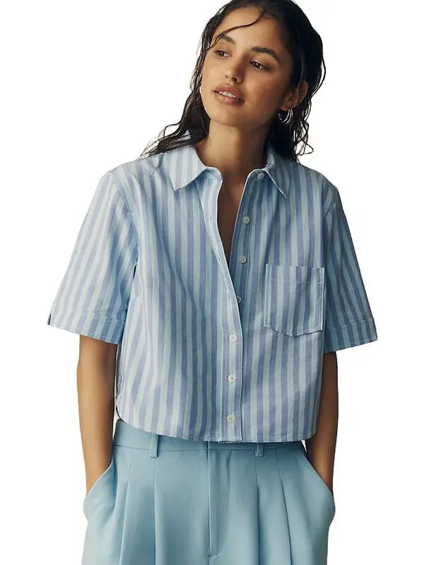 Maeve Cropped Buttondown Top - Purple Blue Stripe
