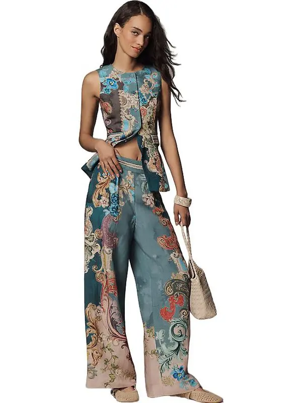 RANNA GILL Printed Pull-on Pants - Blue Floral