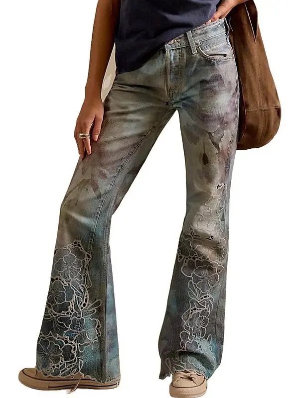 Free People We The Free West Coast Illusions & Cutwork Jeans - Watercolor Blooms Combo