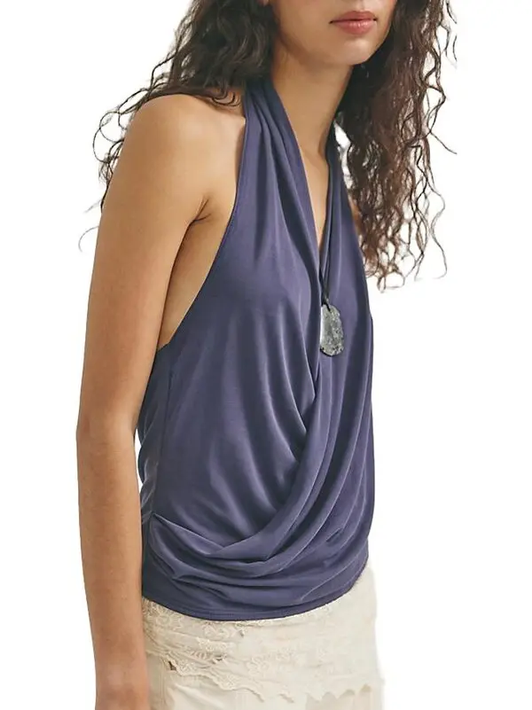 Free People Cupro Cowl Neck Halter Top - Navy