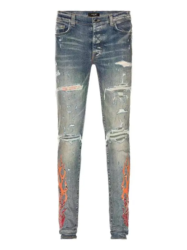 Amiri Flame-print Ripped Jeans - Blue