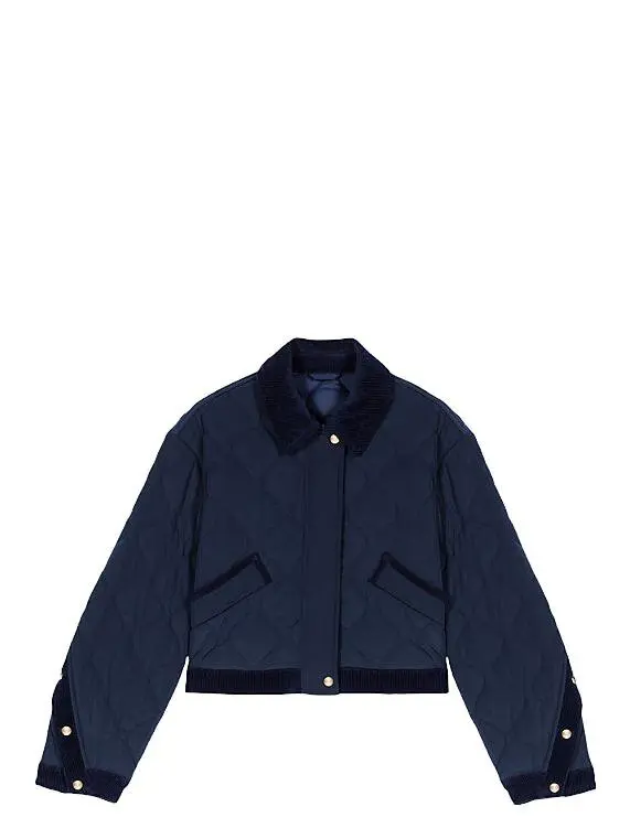 Maje Quilted Velvet-trim Woven Jacket - Navy