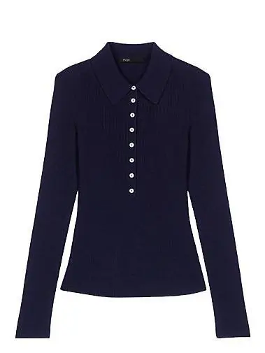 Maje Ribbed Wool And Silk Polo Jumper - Navy