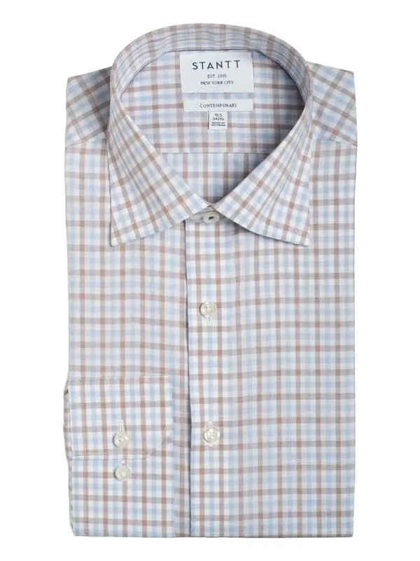 STANTT Contemporary Fit Gingham Wrinkle Resistant Cotton Dress Shirt - Blue/white/brown