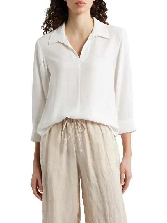 Eileen Fisher Split Neck Silk Georgette Top - Ivory