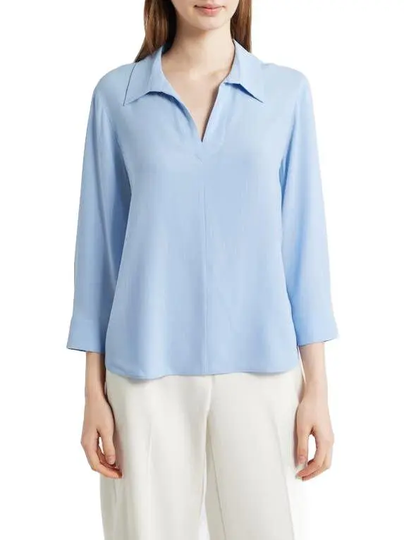 Eileen Fisher Split Neck Silk Georgette Top - Skylight